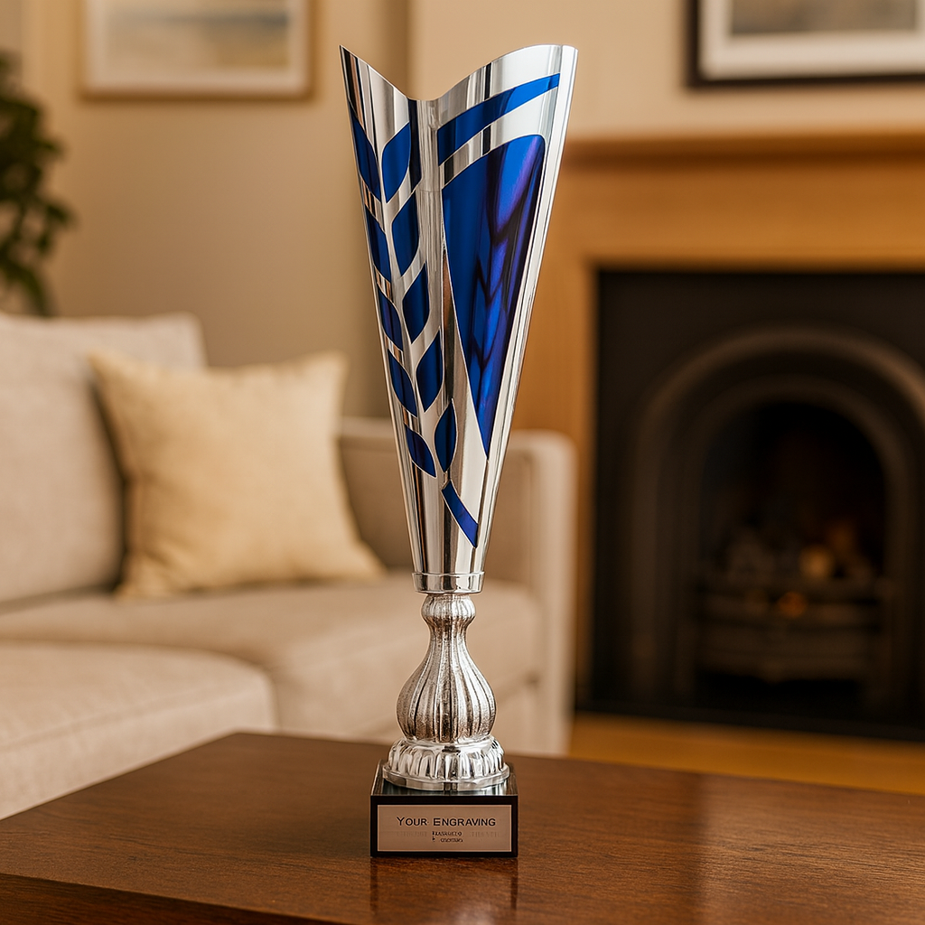 420mm Laser Cut Trophy Cup Silver & Blue – Tierneys Gifts
