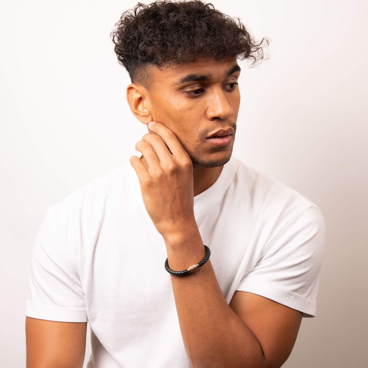 Fred Bennett Plaited Black Leather and Rose Gold IP Hexagon Clasp ...